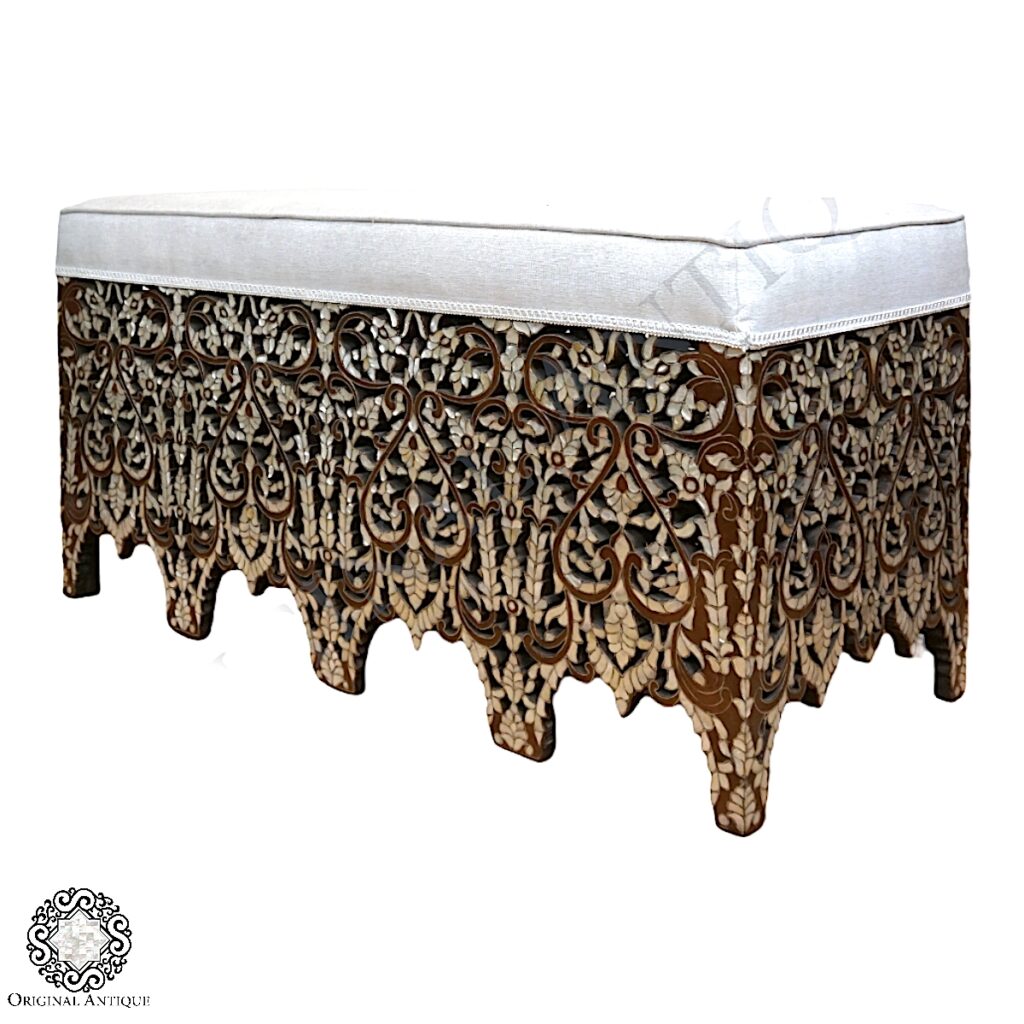Hand-Crafted Large Bench Featuring Intricate Carvings and Mother of ...